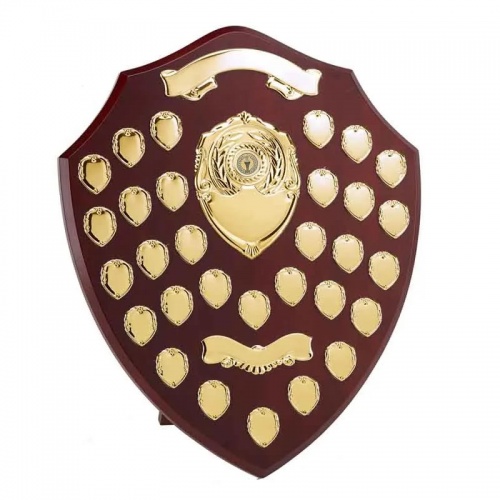 18in Wood Plaque with 30 Gold Shields - Awards Trophies Supplier