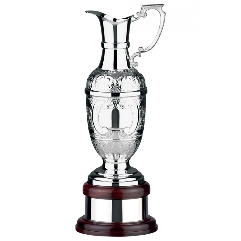 14.75in Silver Claret Jug with Handchased Finish, on Mahogany Base with ...