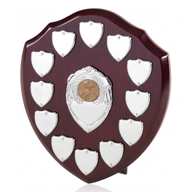 8in Dark Wood Awards Shield with 12 Perpetual Plaques - Awards Trophies ...