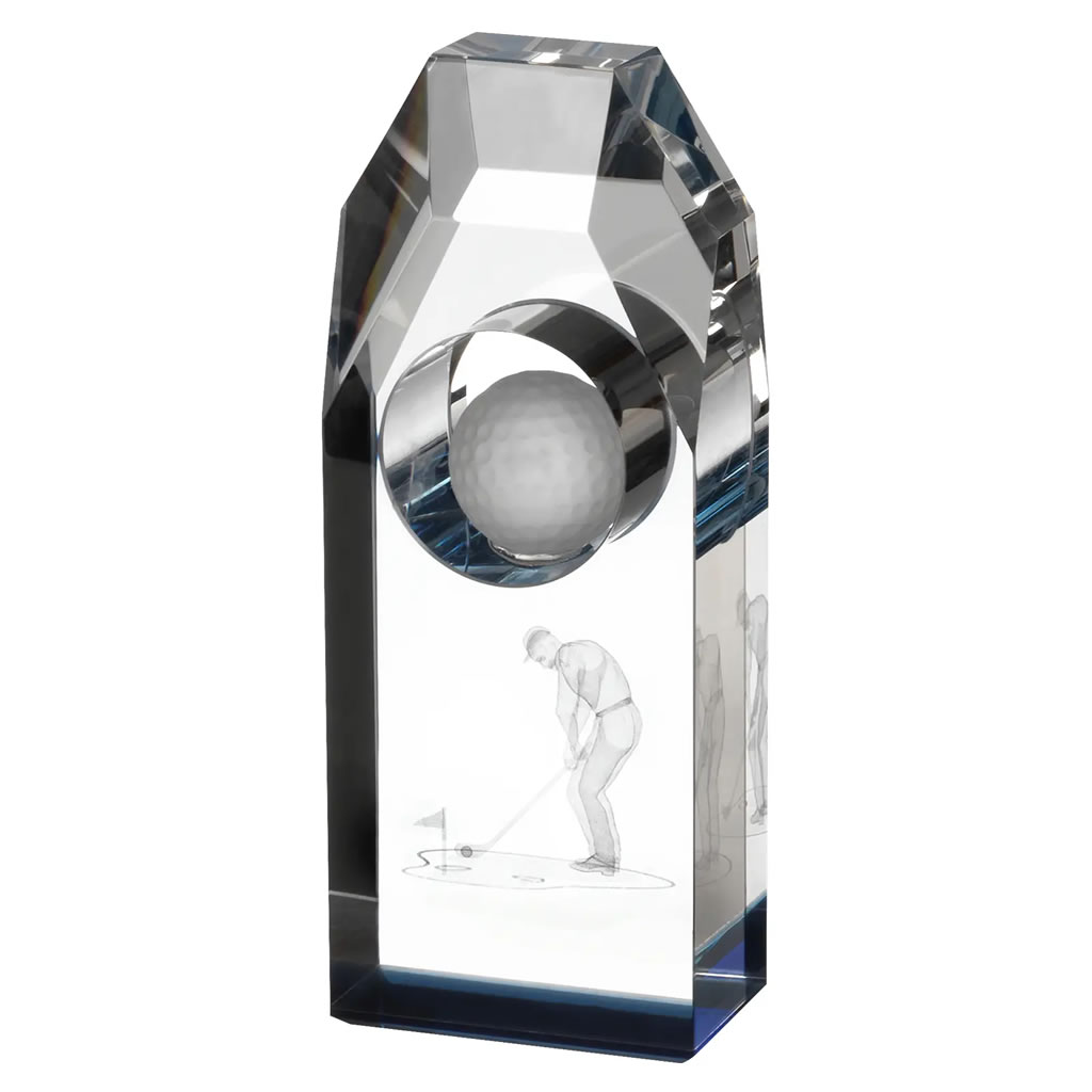 Crystal Golf Block with 3D Golfer Figure & Ball - Awards Trophies Supplier