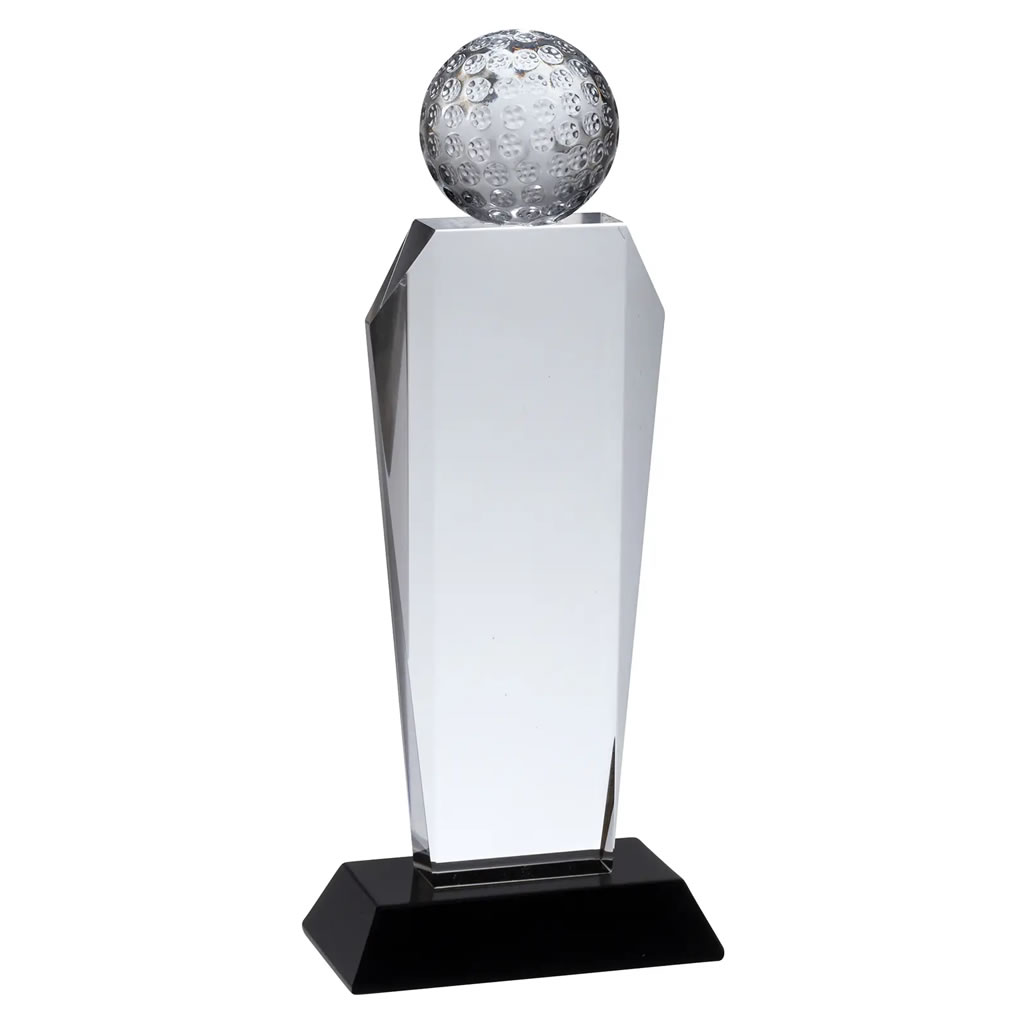 Crystal Facetted Column with 3D Golf Ball - Awards Trophies Supplier