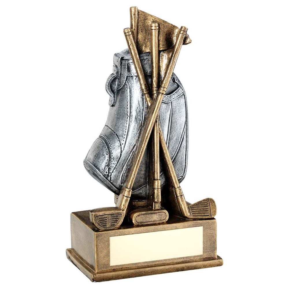 Resin Golf Bag & Clubs Trophy in Pewter & Bronze - Awards Trophies Supplier