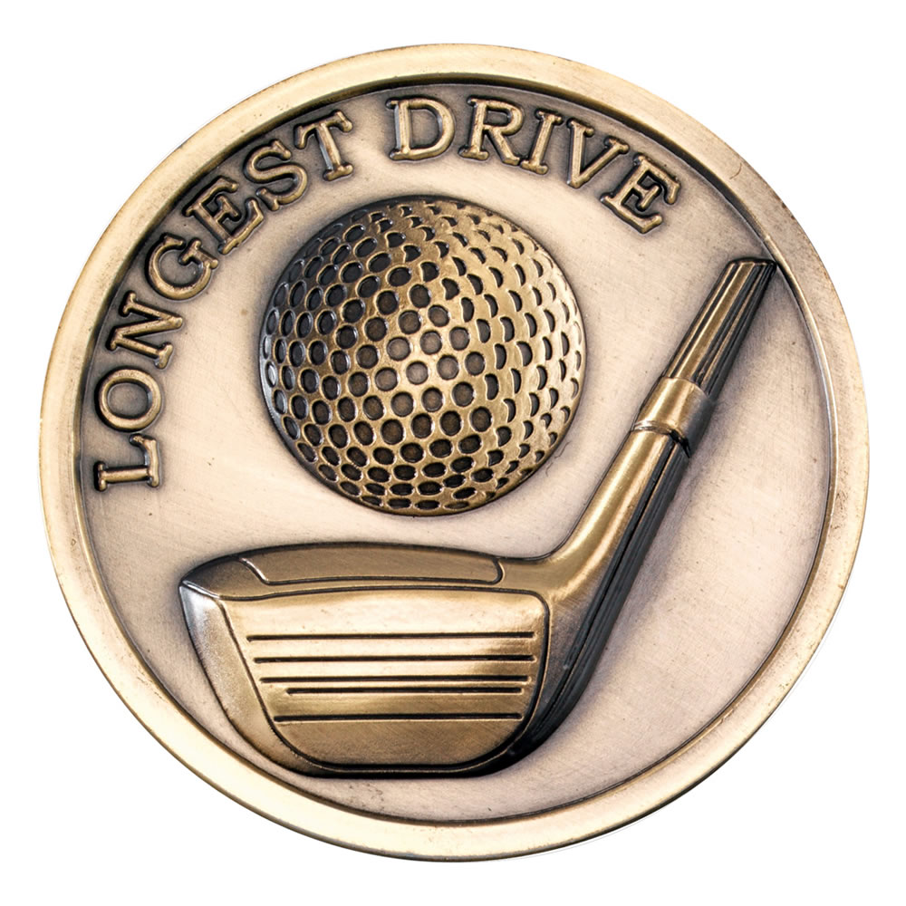 70mm Golf Longest Drive Medal in Antique Gold - Awards Trophies Supplier