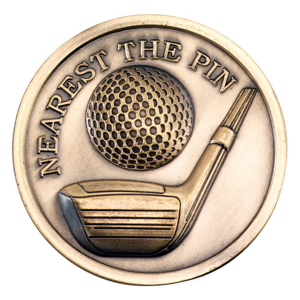70mm Golf Nearest the Pin Medal in Antique Gold - Awards Trophies Supplier