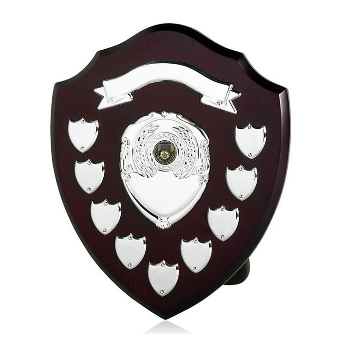 12in Dark Wood Awards Shield with Top Scroll & 9 Side Shields - Awards ...