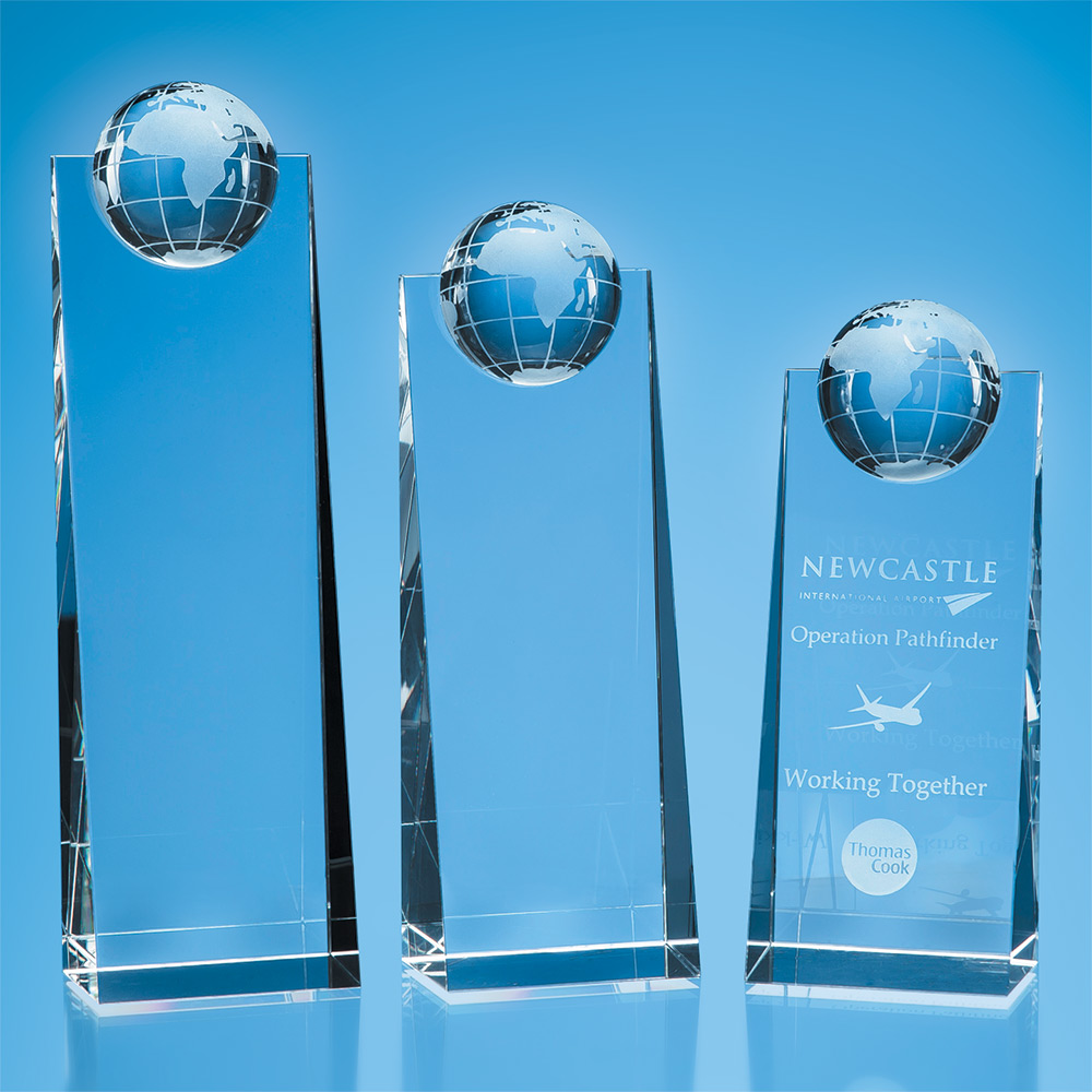 Optical Crystal Globe Rectangle Wedge Award - Awards Trophies Supplier
