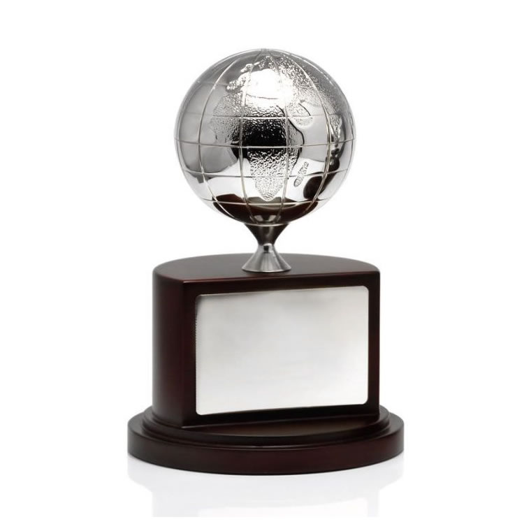 Silver Globe on Wooden Base - Awards Trophies Supplier