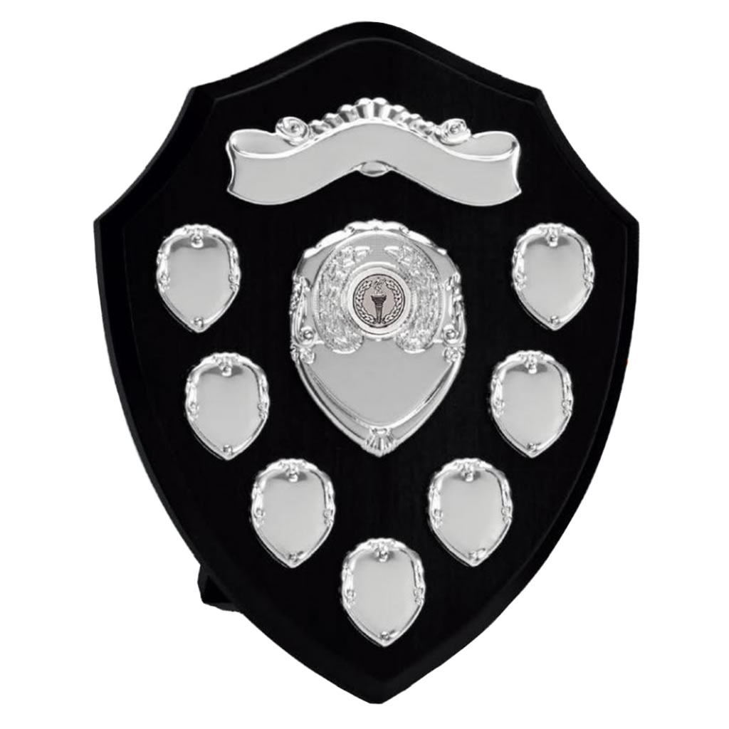10in Black Awards Shield with Chrome Top Scroll & 7 Side Shields ...