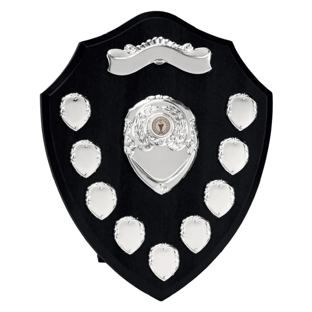 12in Black Awards Shield with Top Scroll & 9 Side Shields - Awards ...