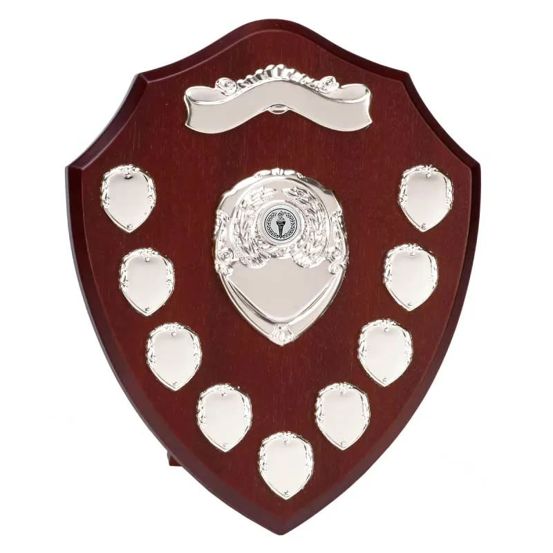 12in Rosewood Awards Shield with Top Scroll & 9 Side Shields - Awards ...