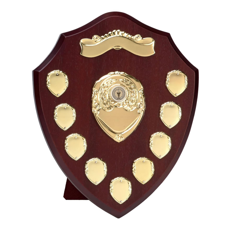 12in Rosewood Awards Shield with Gold Top Scroll & 9 Side Shields ...
