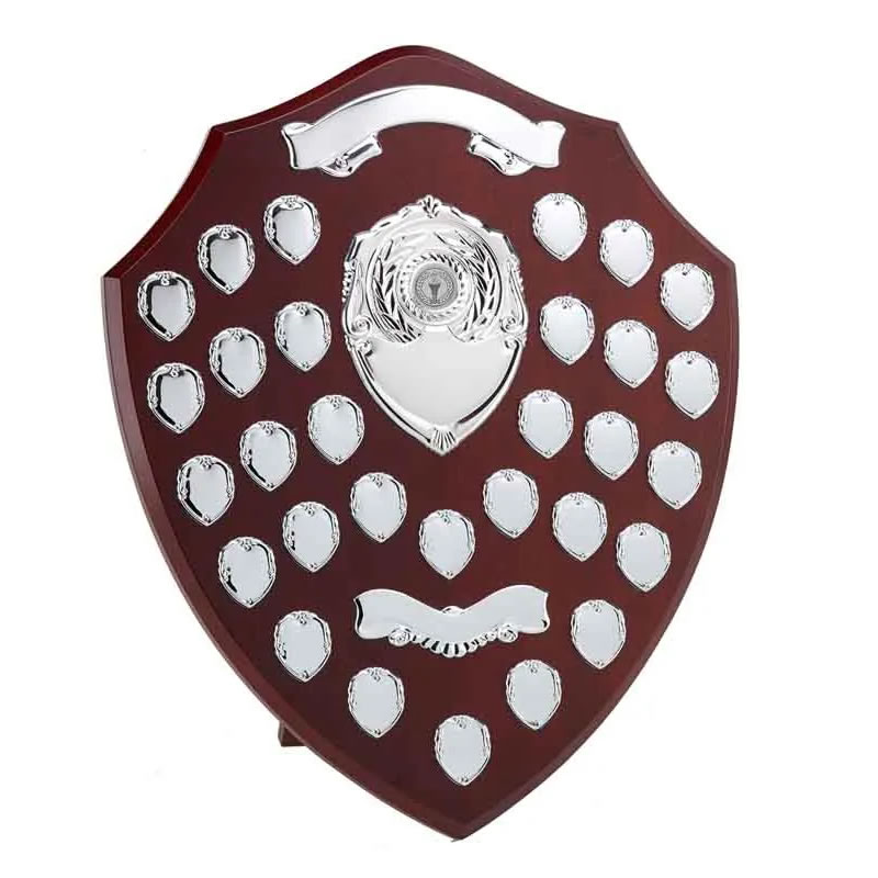 18in Wood Plaque with 30 Silver Side Shields - Awards Trophies Supplier