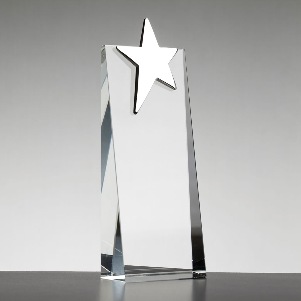 Optical Crystal Wedge with Silver Star 27.5cm Tall - Awards Trophies ...